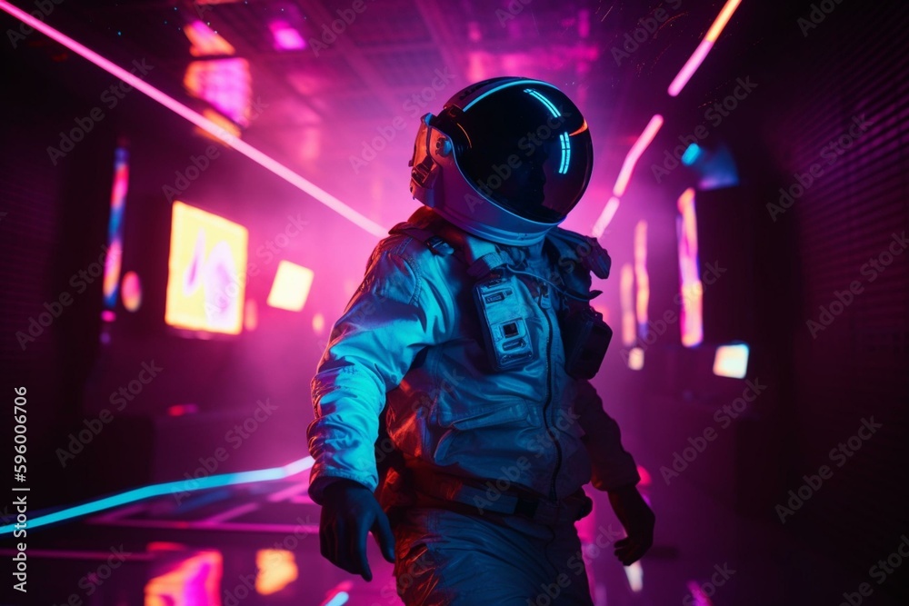 80s style astronaut runs amid neon lights in retro synthwave backdrop ...