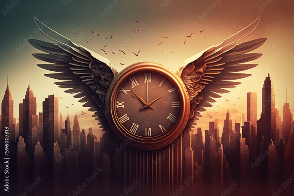Clock with wings flying over a cityscape, concept of Time transcendence ...