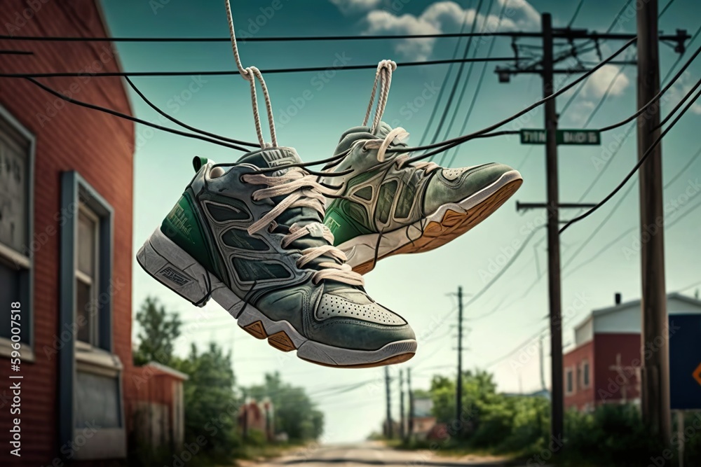 Pair of sneakers hanging from a power line in a suburban neighborhood ...