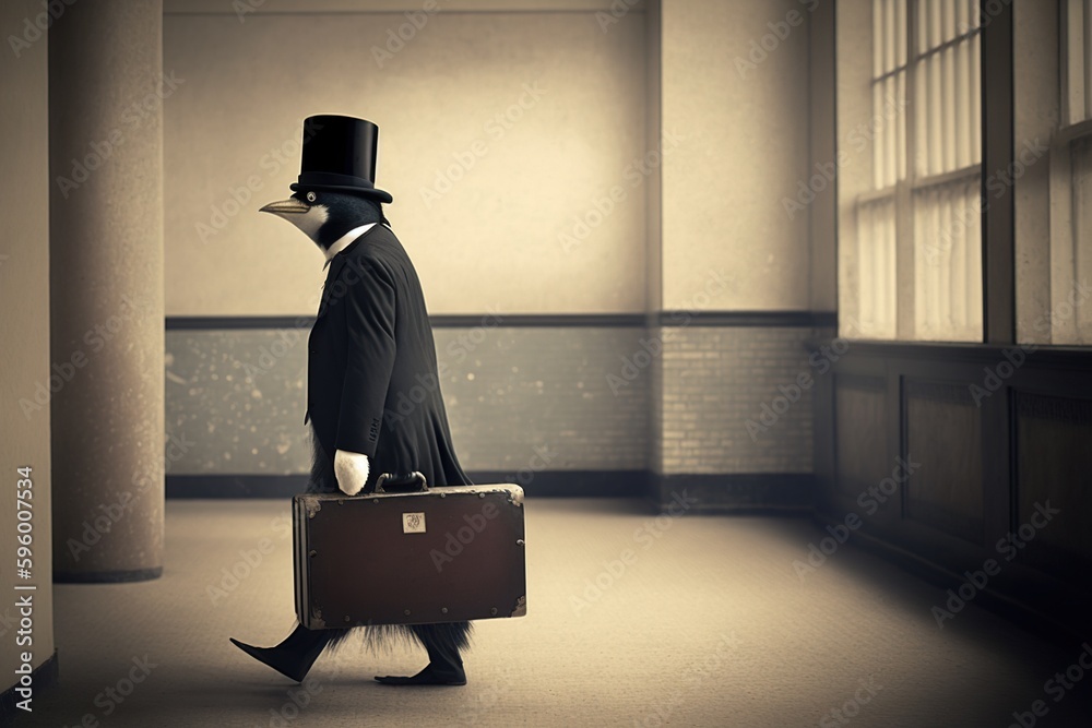 Penguin wearing a top hat and carrying a briefcase walking into an ...
