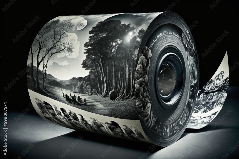 Roll of film unrolling itself with images appearing on its surface ...