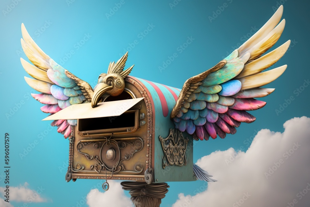 Mailbox with wings flying through the sky delivering letters, concept ...