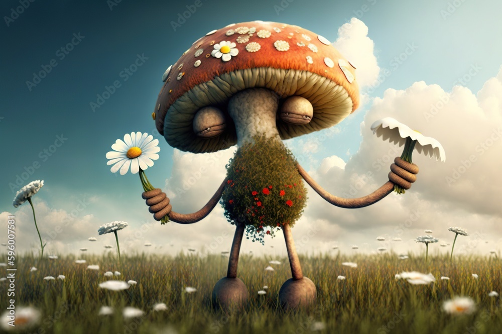 Mushroom with arms and legs picking flowers in a field, concept of ...