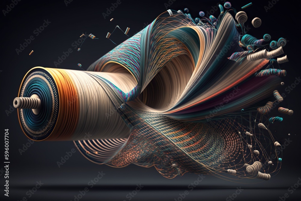 Spool of thread unraveling itself with threads forming intricate ...