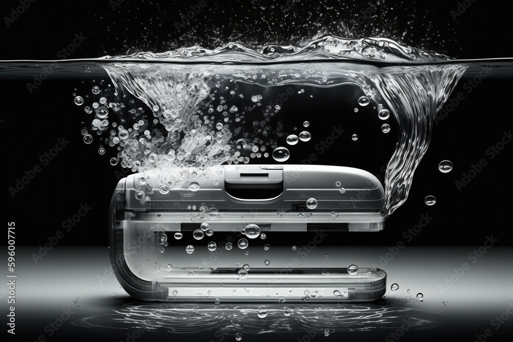 Stapler submerged in water creating bubbles and ripples around it ...