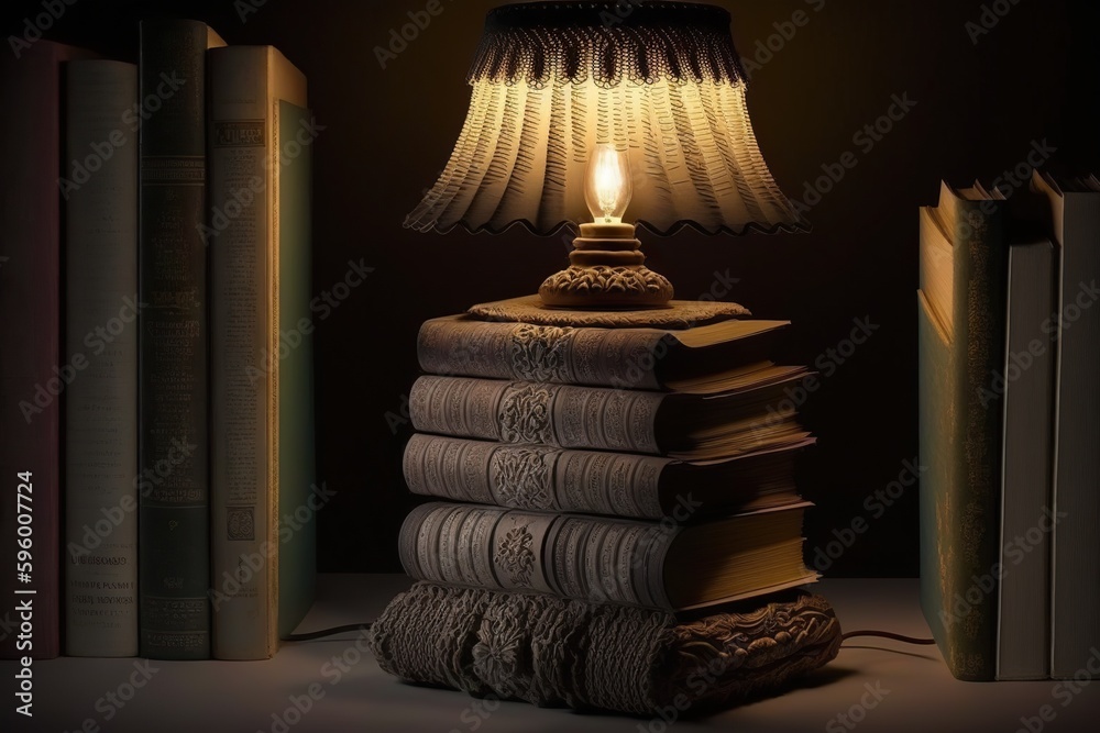 Stack of old books transformed into a lamp base, concept of Upcycling ...