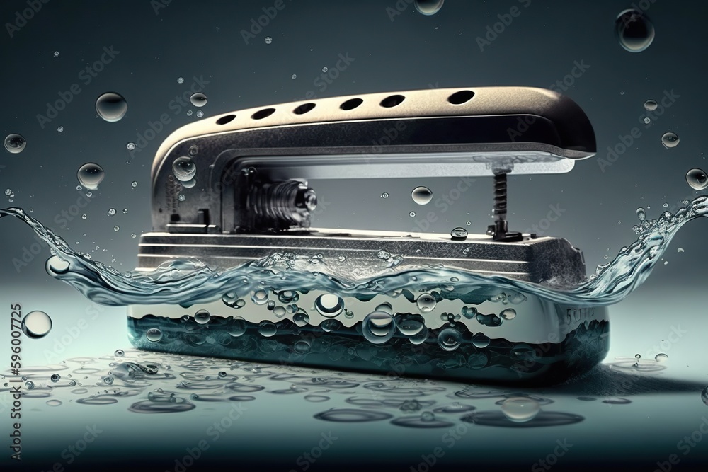 Stapler submerged in water creating bubbles and ripples around it ...