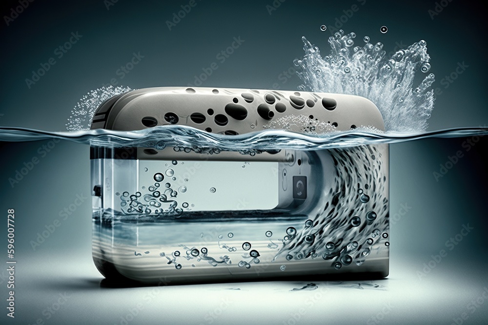 Stapler submerged in water creating bubbles and ripples around it ...