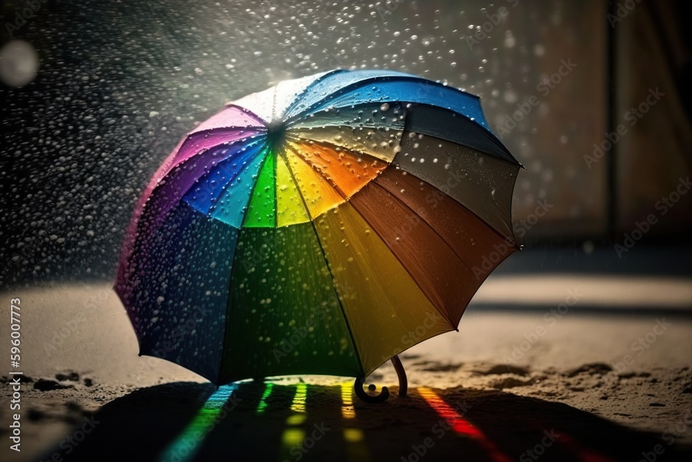 Umbrella with a rainbow design on a rainy day with the sun shining ...