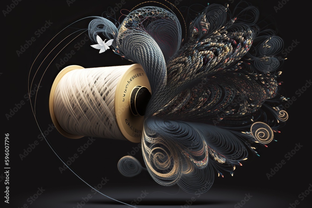 Spool of thread unraveling itself with threads forming intricate ...