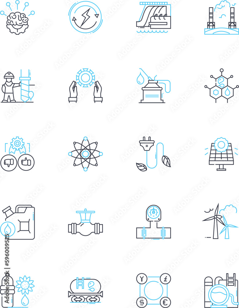 Renewable energy linear icons set. Solar, Wind, Hydro, Geothermal ...
