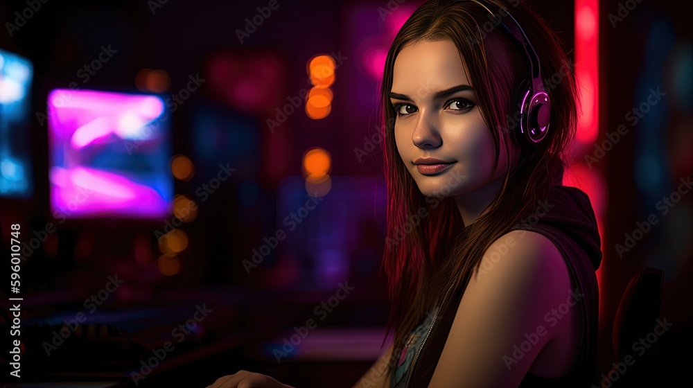 close up portrait pretty gamer girl, game caster, young woman online ...