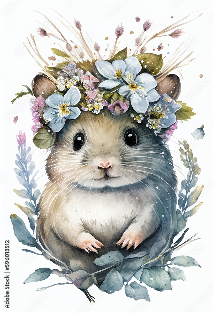 Beautiful watercolor mouse baby portrait, great design with flowers ...