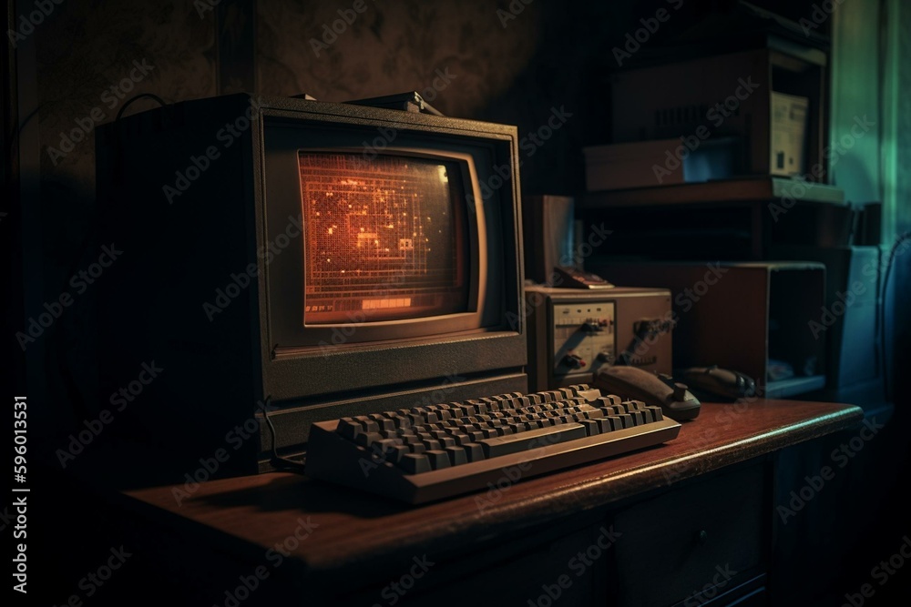 An old computer with illuminated screen in dim light. Digital ...