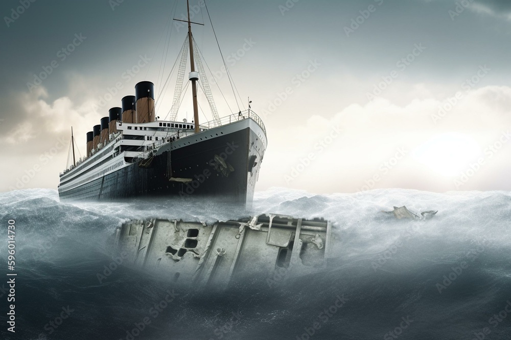 Artistic rendering of Titanic sinking in North Atlantic after collision ...