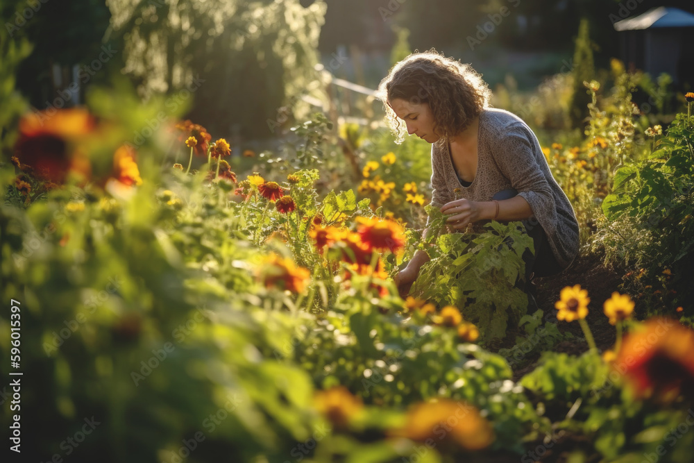Portrait of a woman in a biodynamic garden. Self-sustaining concept of ...