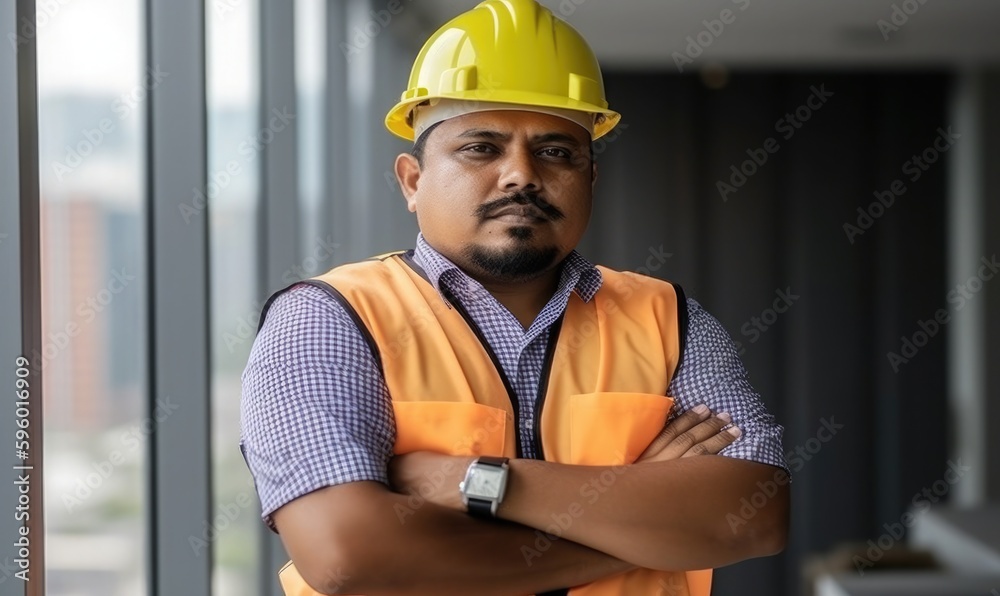Indian construction site manager standing with folded arms wearing ...