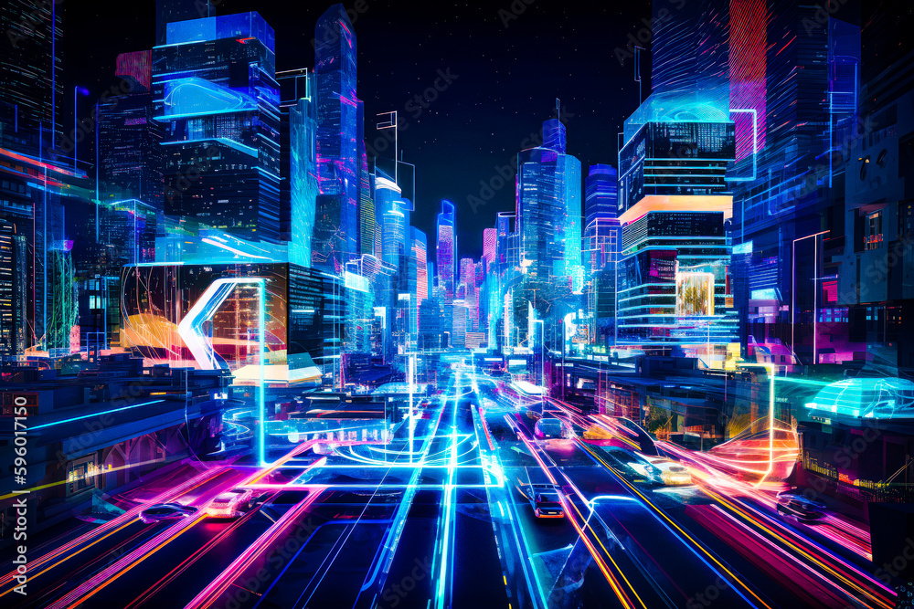 Futuristic cityscape of the Metaverse with skyscrapers, neon lights ...