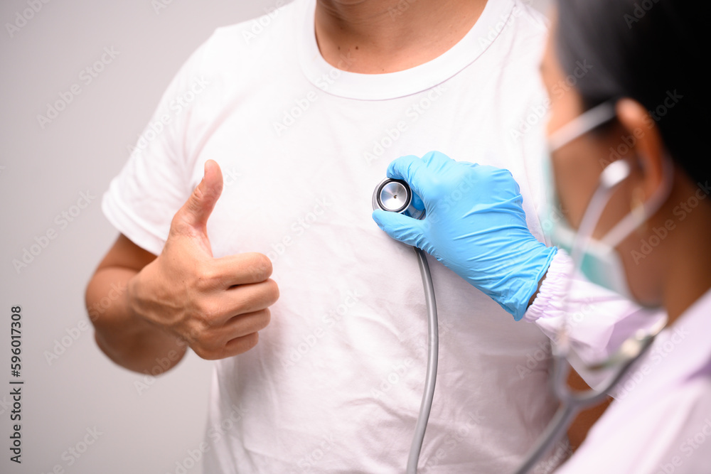Woman Doctor Hold Stethoscope Exam Young Man Patient Visit Doctor With