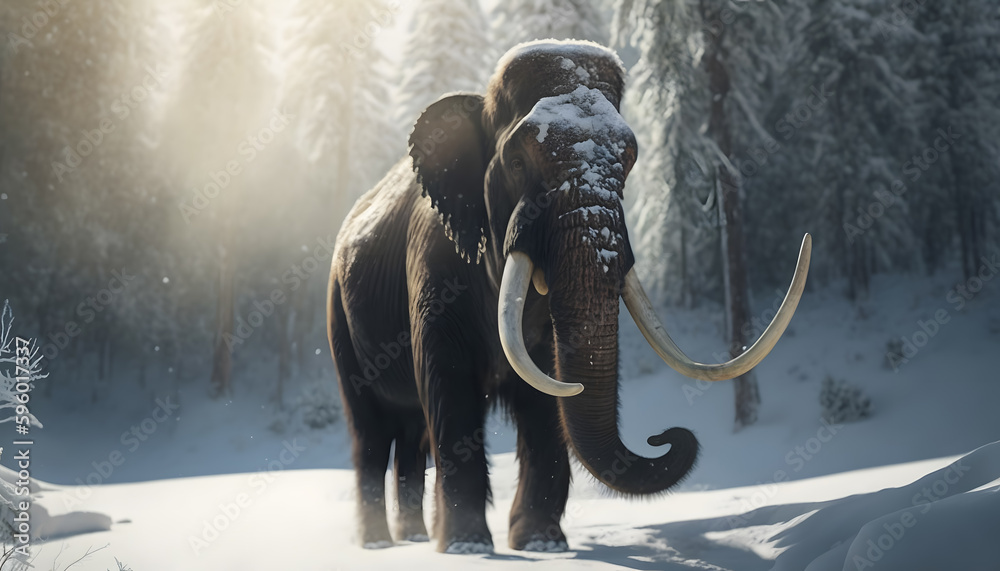 Woolly mammoth with sunlight, prehistoric animal in landscape frozen ...