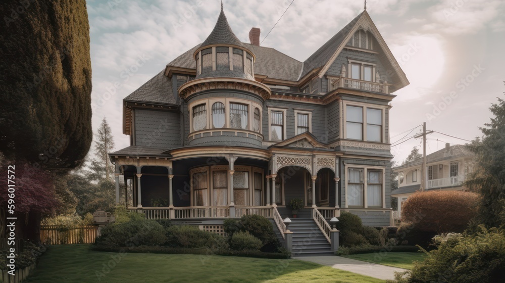 Queen anne exterior house design in daytime golden hour generative ai ...
