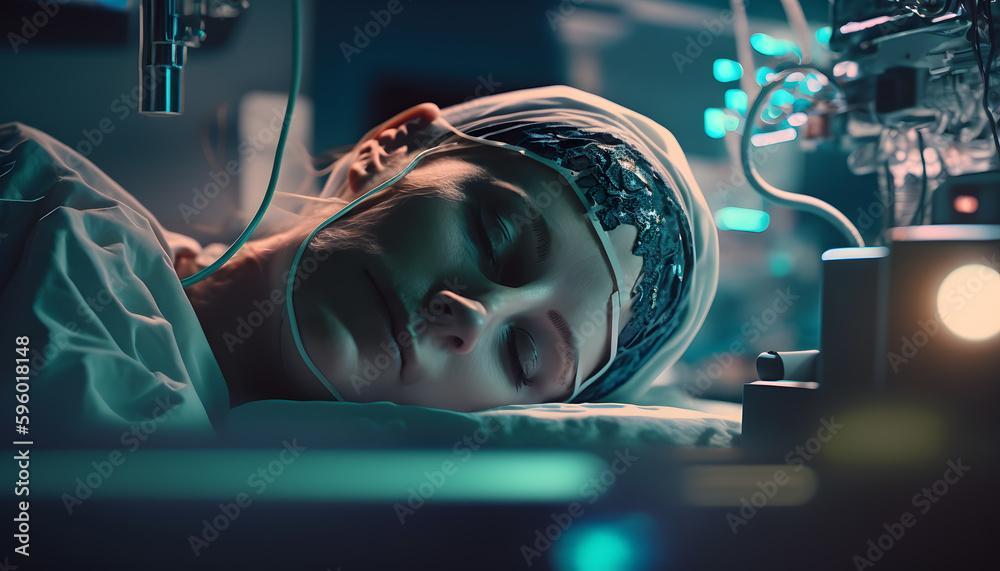 Lonely woman in scarf, sick with cancer, chained to bed in intensive ...