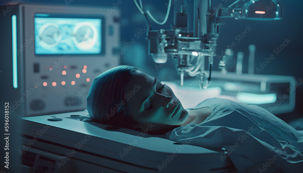 Lonely woman in scarf, sick with cancer, chained to bed in intensive ...