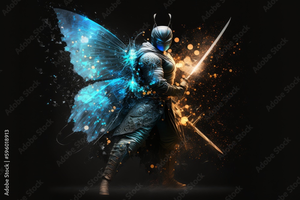 A man in armor holding a sword with butterflies flying around him ...