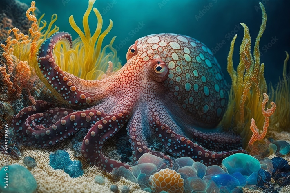 An octopus is sitting on the bottom of the ocean floor, created with ...