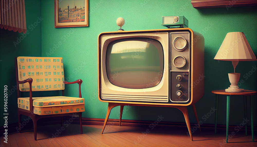 Old fashioned vintage retro design room with retro tv. Abstract ...