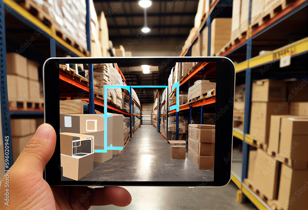 Augmented reality in logistics. The digital tablet determines the ...