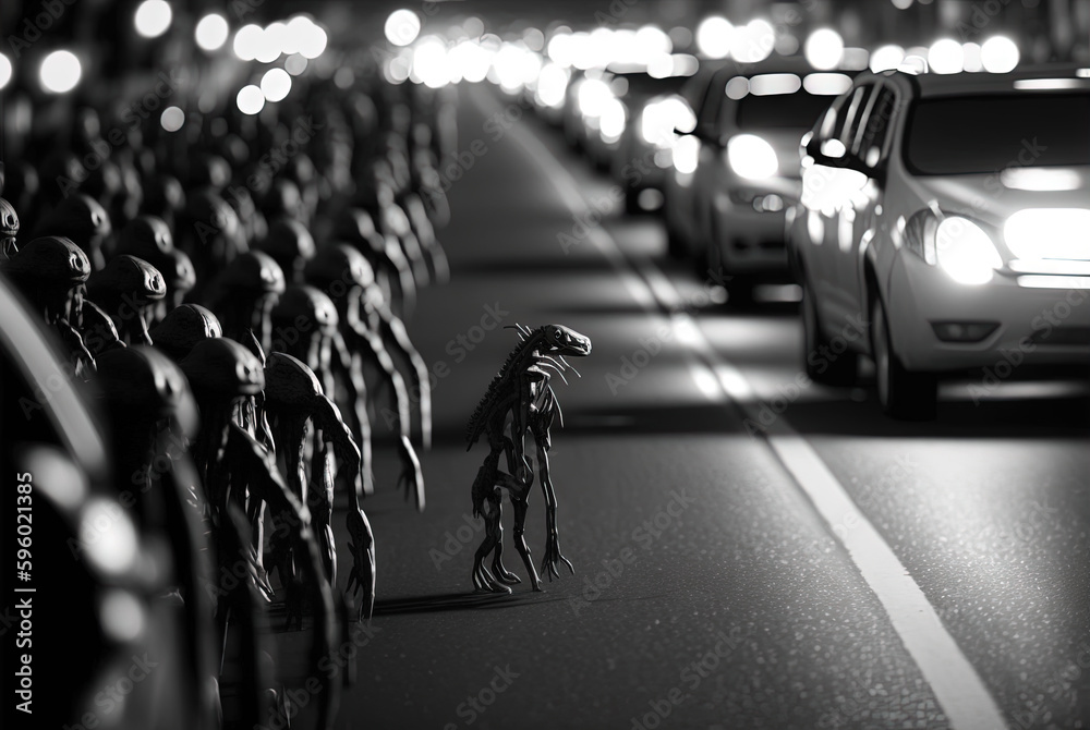 Alien crowd on the street. Monster invaders in sci-fi scene. Generated ...
