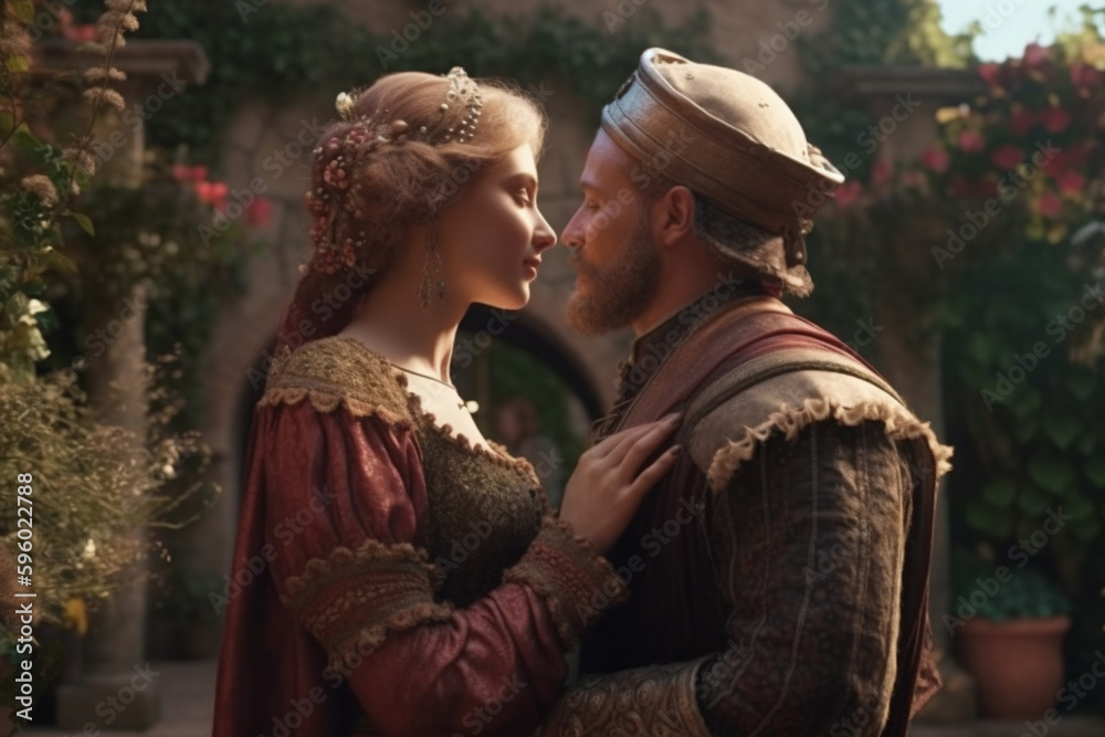 prince and princess kissing in garden, illustration of medieval novel ...