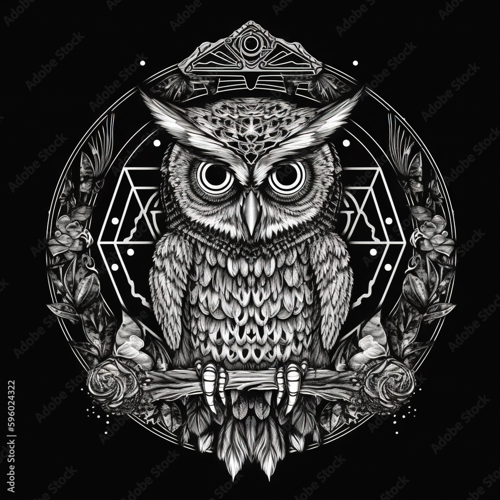 Wild owl with mystic design elements. Occult wise bird black and white ...