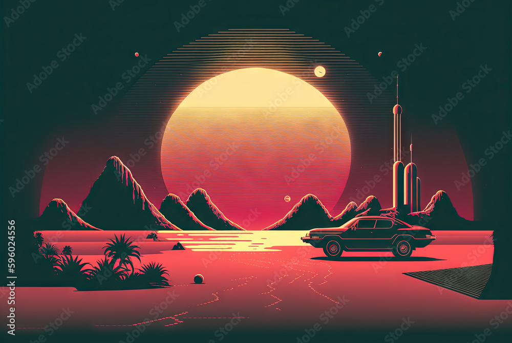 Retro styled sci-fi landscape with mountains. Retro futuristic science ...