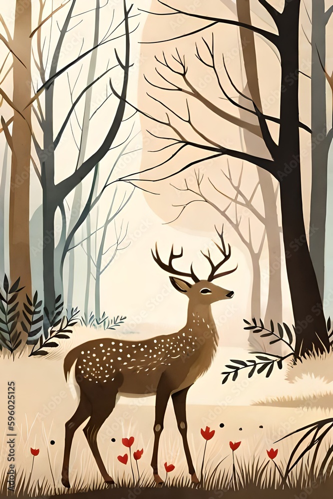 Cartoon Hirsch und Reh Wald im Winter Stock Illustration | Adobe Stock