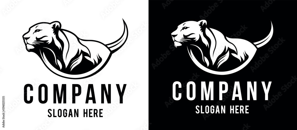 Lion company logo vector line art illustration on black and white ...