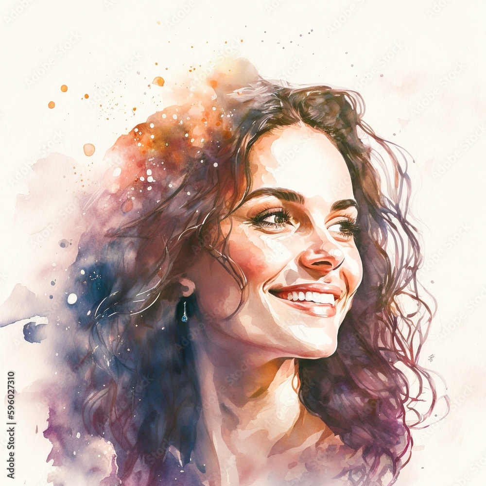 Beautiful happy young woman smiling portrait with thick curly long hair ...