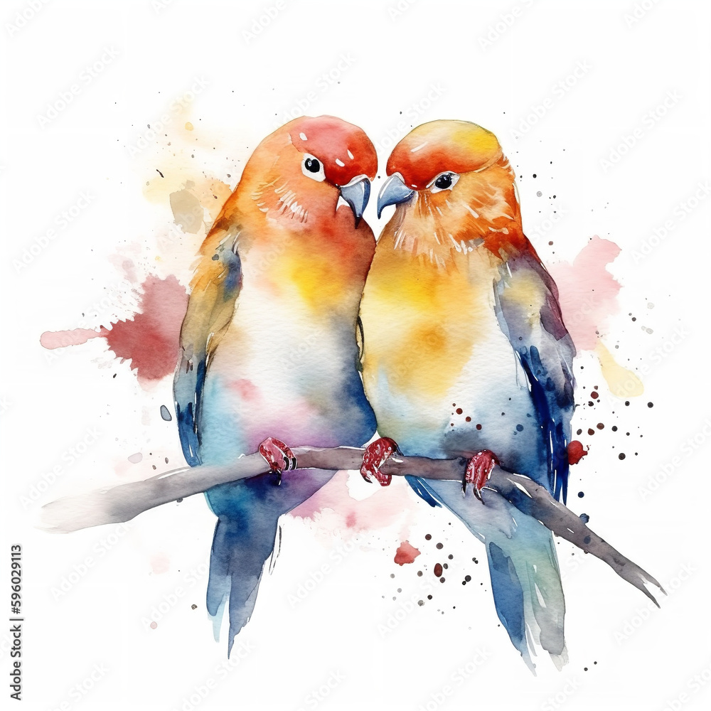 Watercolor love birds clipart, white isolated background Stock ...