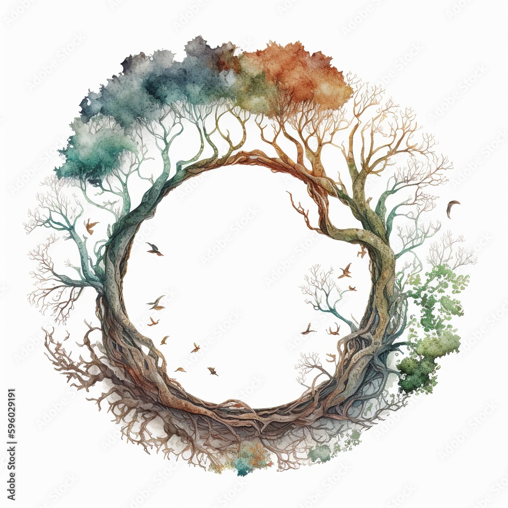 Watercolor painting of intricate tree roots and vine arranged in ...