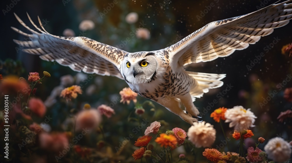 Stunning illustration of flying owl on spring field full of bright wild ...