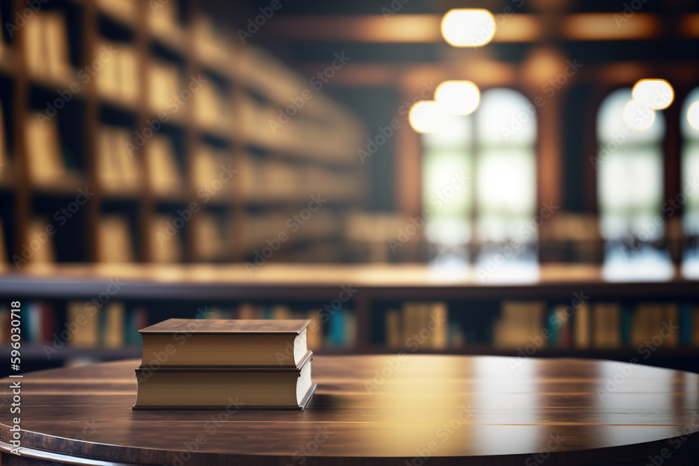 Wooden tree with books on blur background of library with bookshelf ...