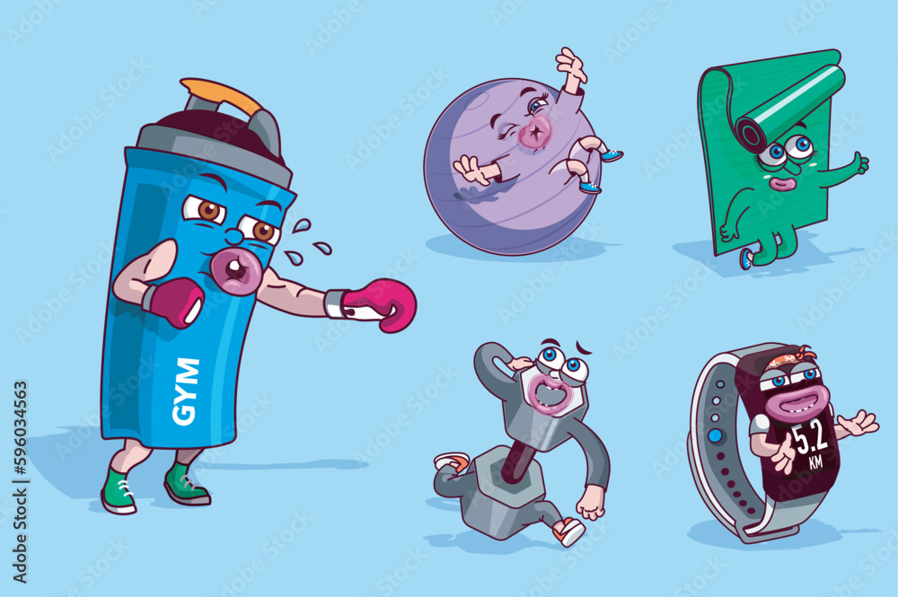 Fitness concept with 3d cute cartoon characters set. Funny avatars of ...
