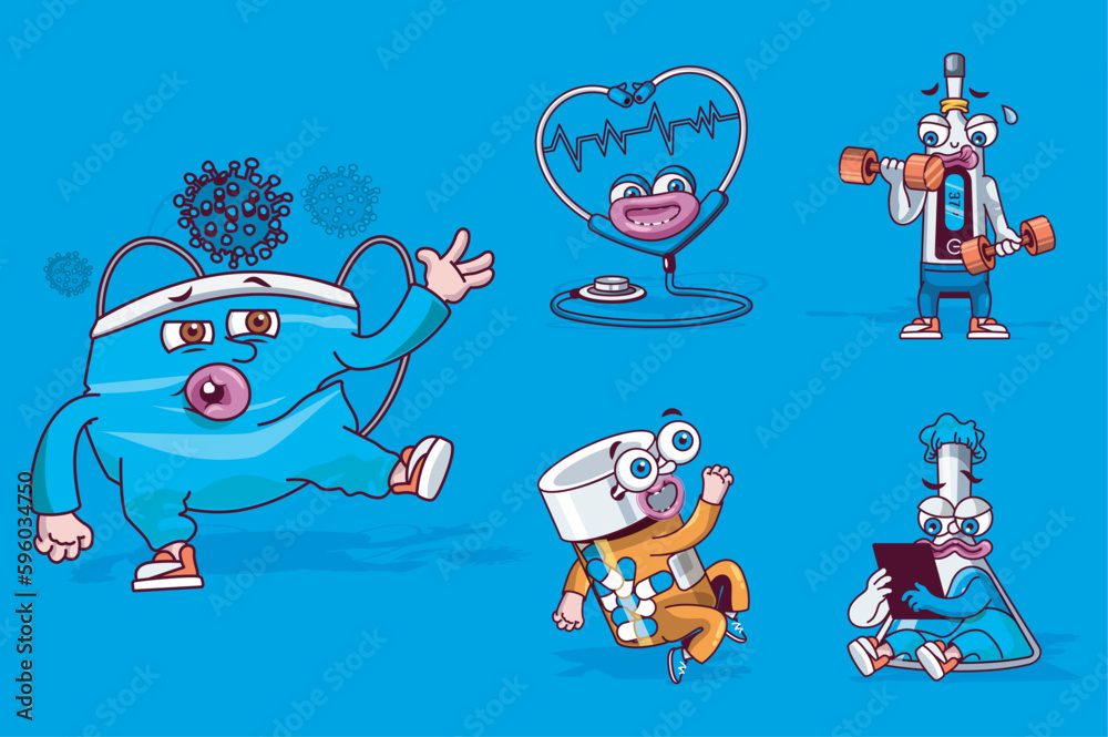 Medical tools concept with 3d cute cartoon characters set. Funny ...