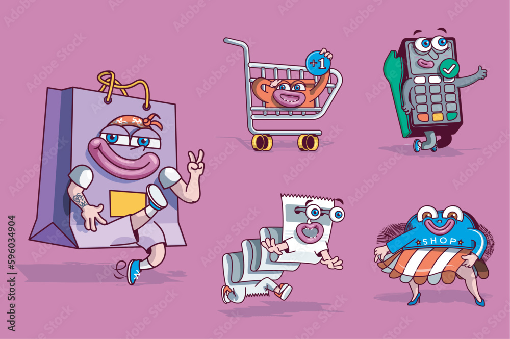 Shopping concept with 3d cute cartoon characters set. Funny avatars of ...