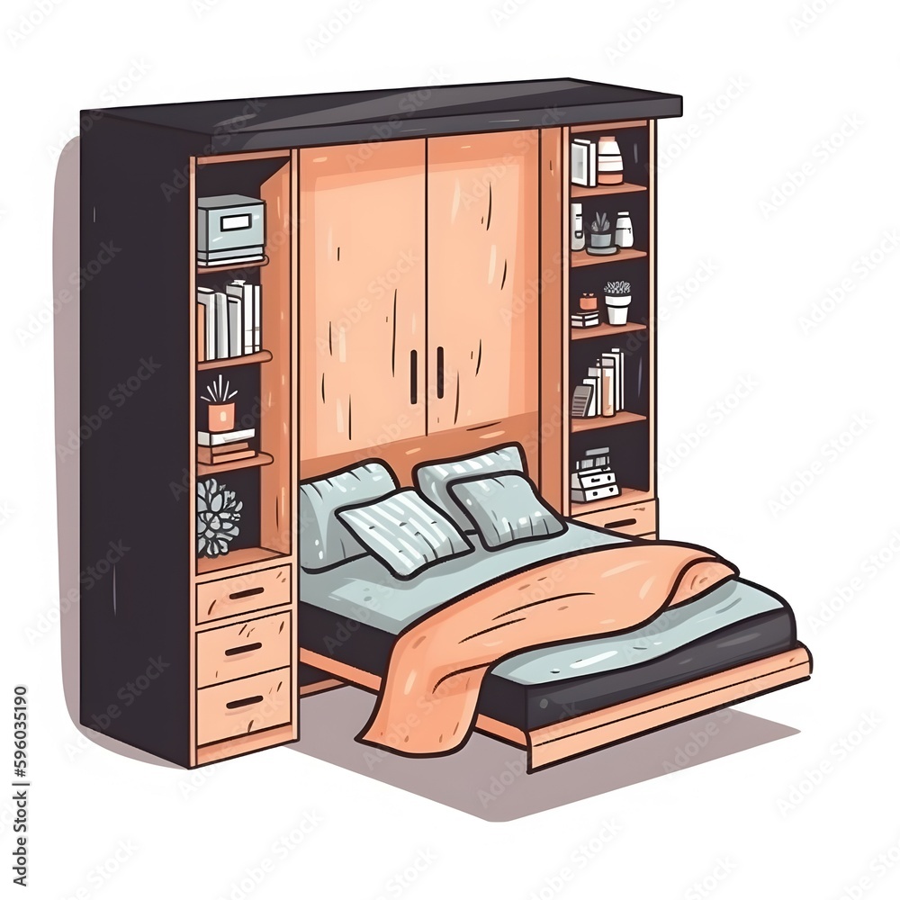 Murphy bed with storage in cartoon style stiker on white background ...
