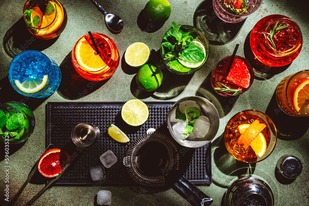 Cocktails set on rusty green bar counter, top view. Mixology concept ...