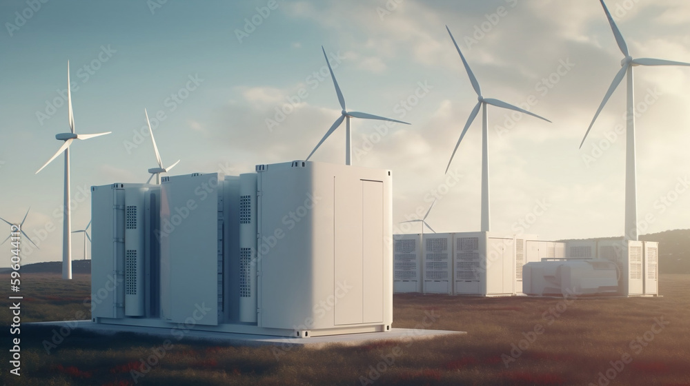 Energy storage system, wind turbine farm batteries. Ai generative Stock ...