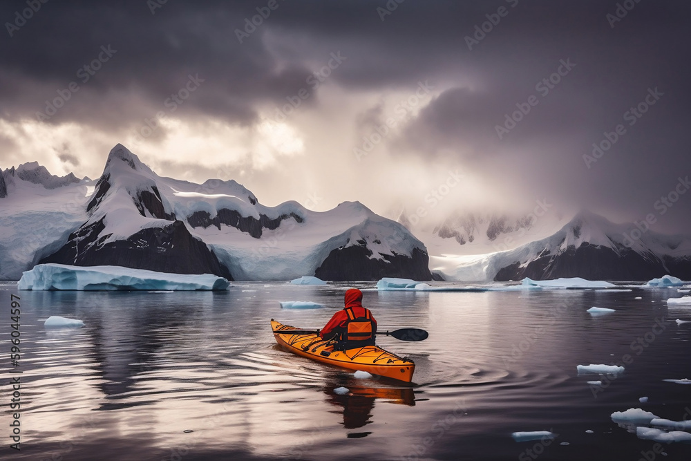 Kayaking between icebergs with inflatable kayak, extreme adventure ...