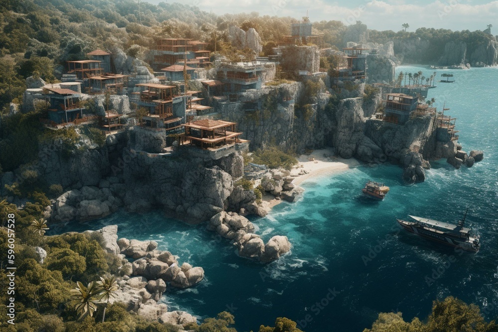 A modern, high-resolution utopia city on a rocky island above an azure ...